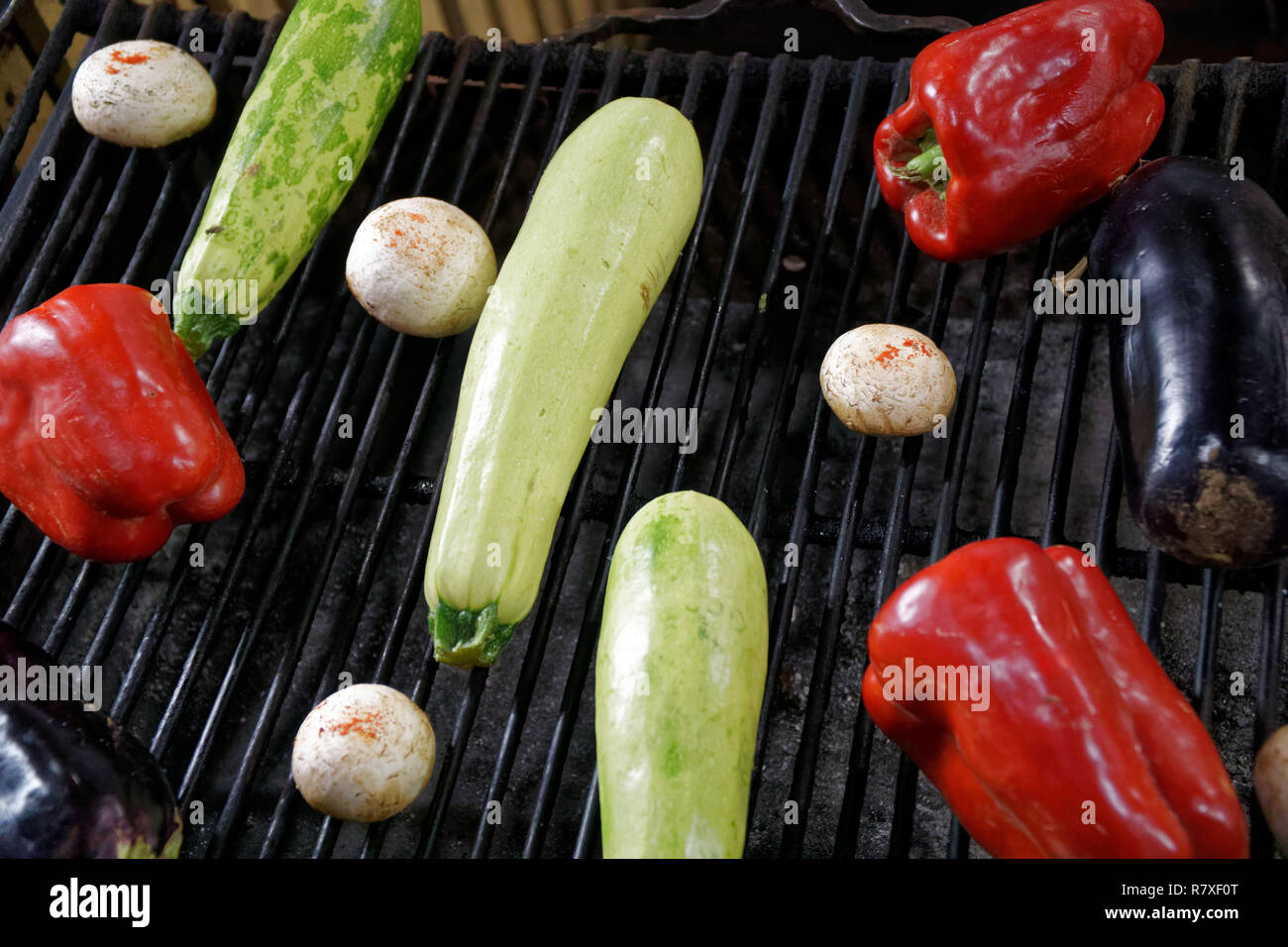 Grilled vegetable skewers on grill, close-up front view Stock Photo - Alamy