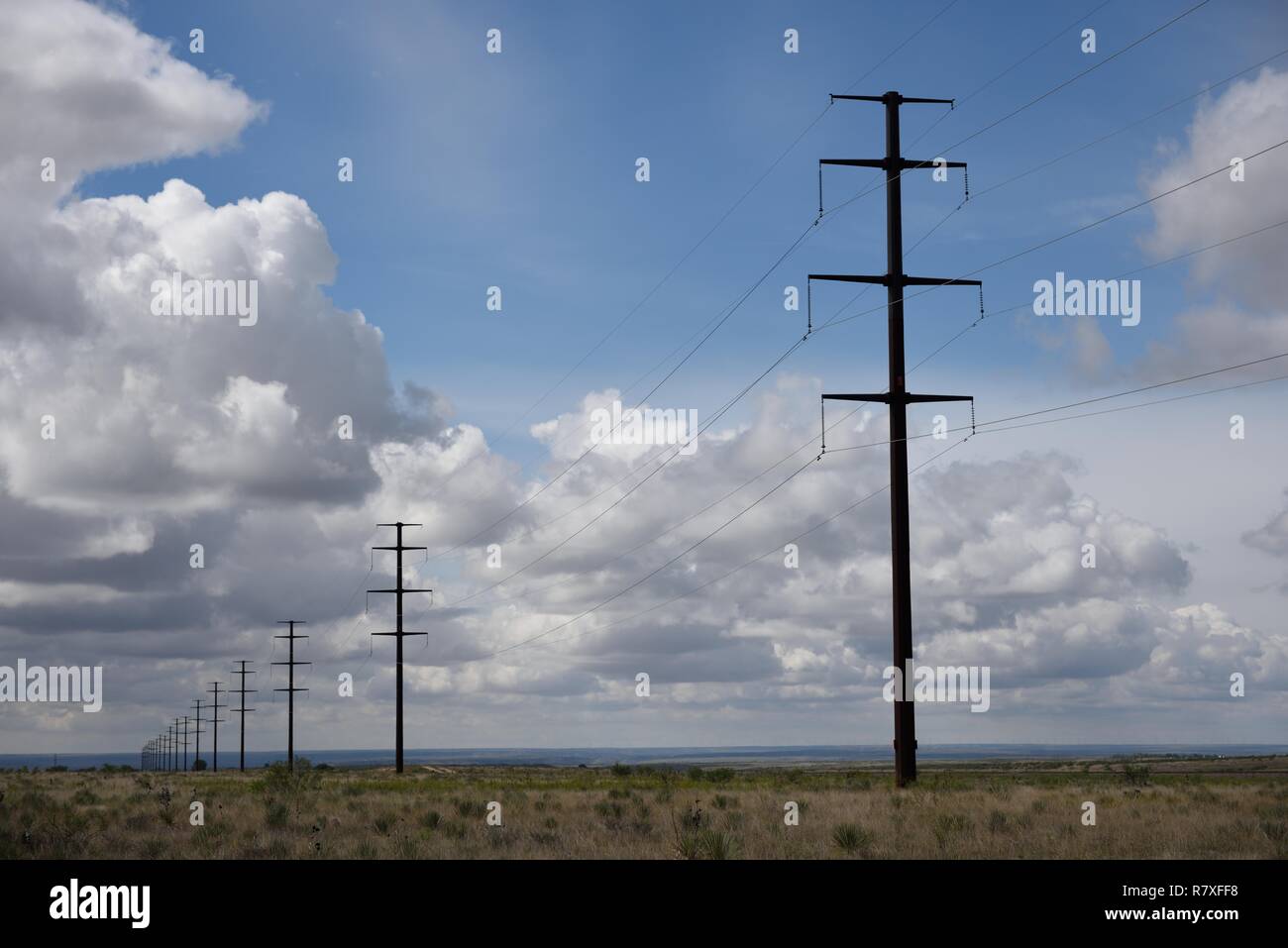 Long row of utility poles and and high voltage electrical power lines ...