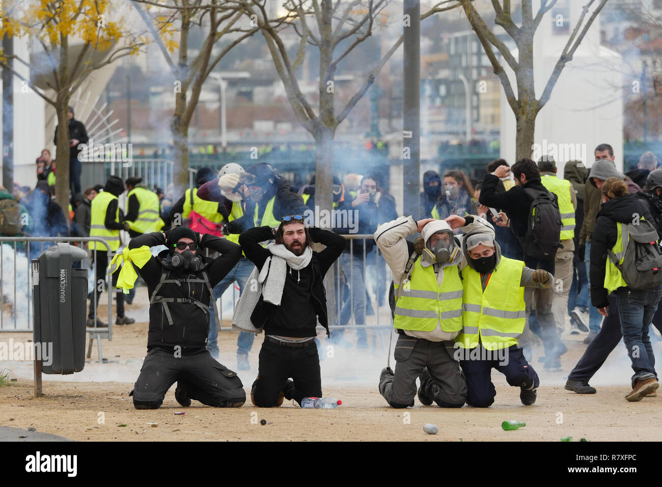 "Yellow Jackets" protesters face Riot Police forces, Lyon, France Stock ...