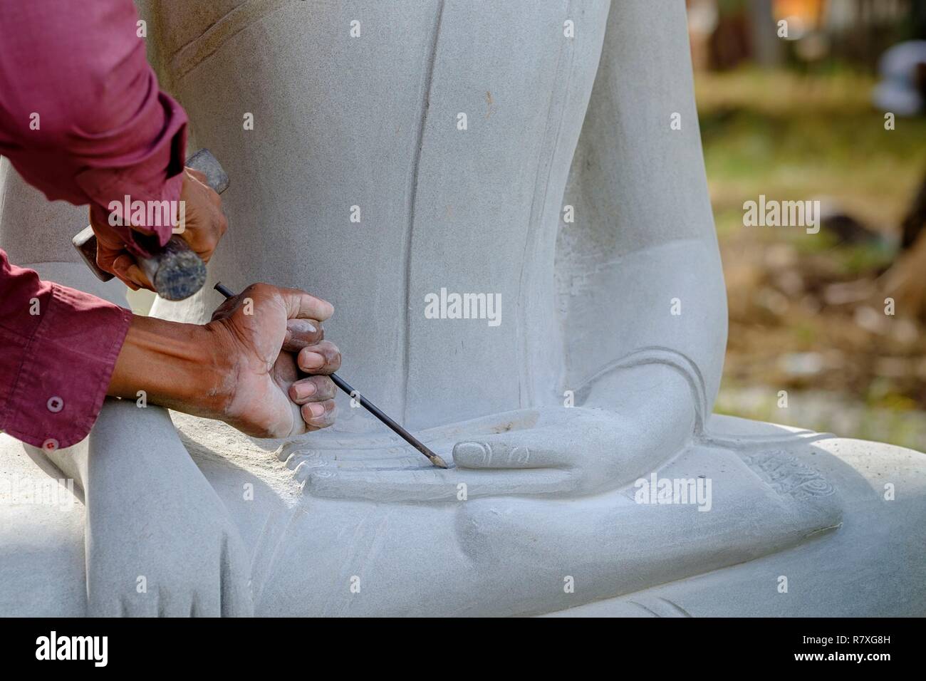 Cambodia, Siem Reap province, Angkor, handicraft, stone sculpture of an ...