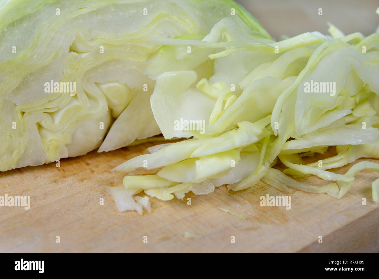 Fresh white cabbage cut into strips on the kitchen table. Vegetables ...