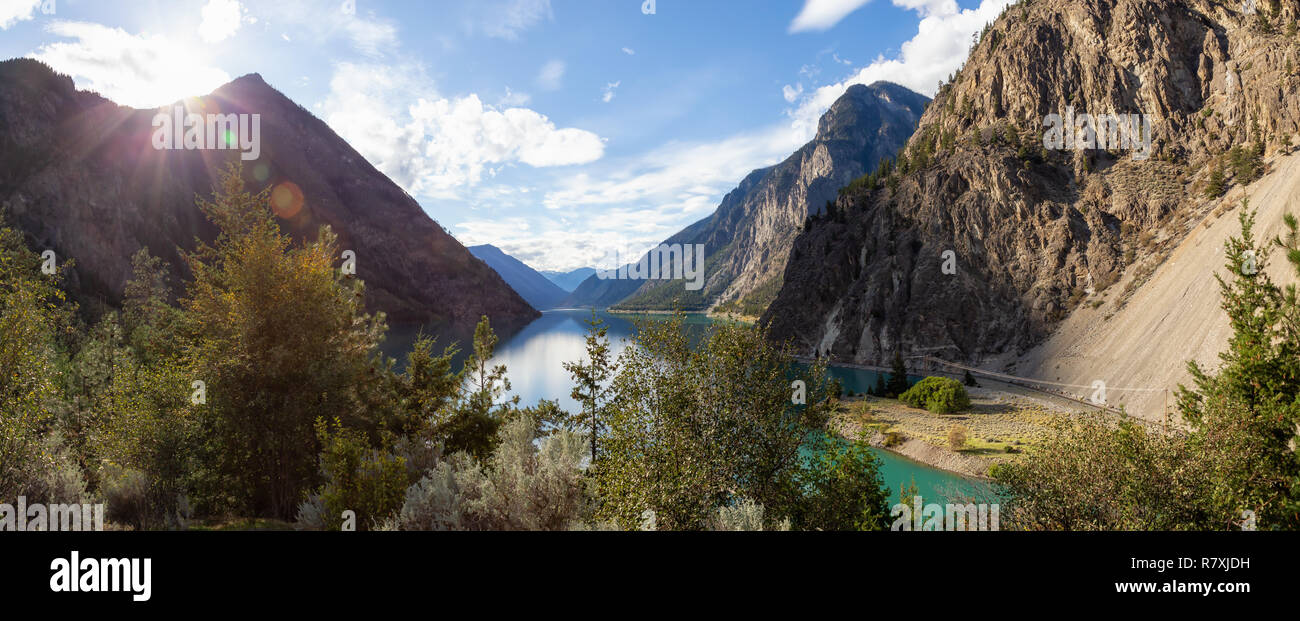 Panoramic landscape view of Seton Lake during a vibrant sunset. Taken ...