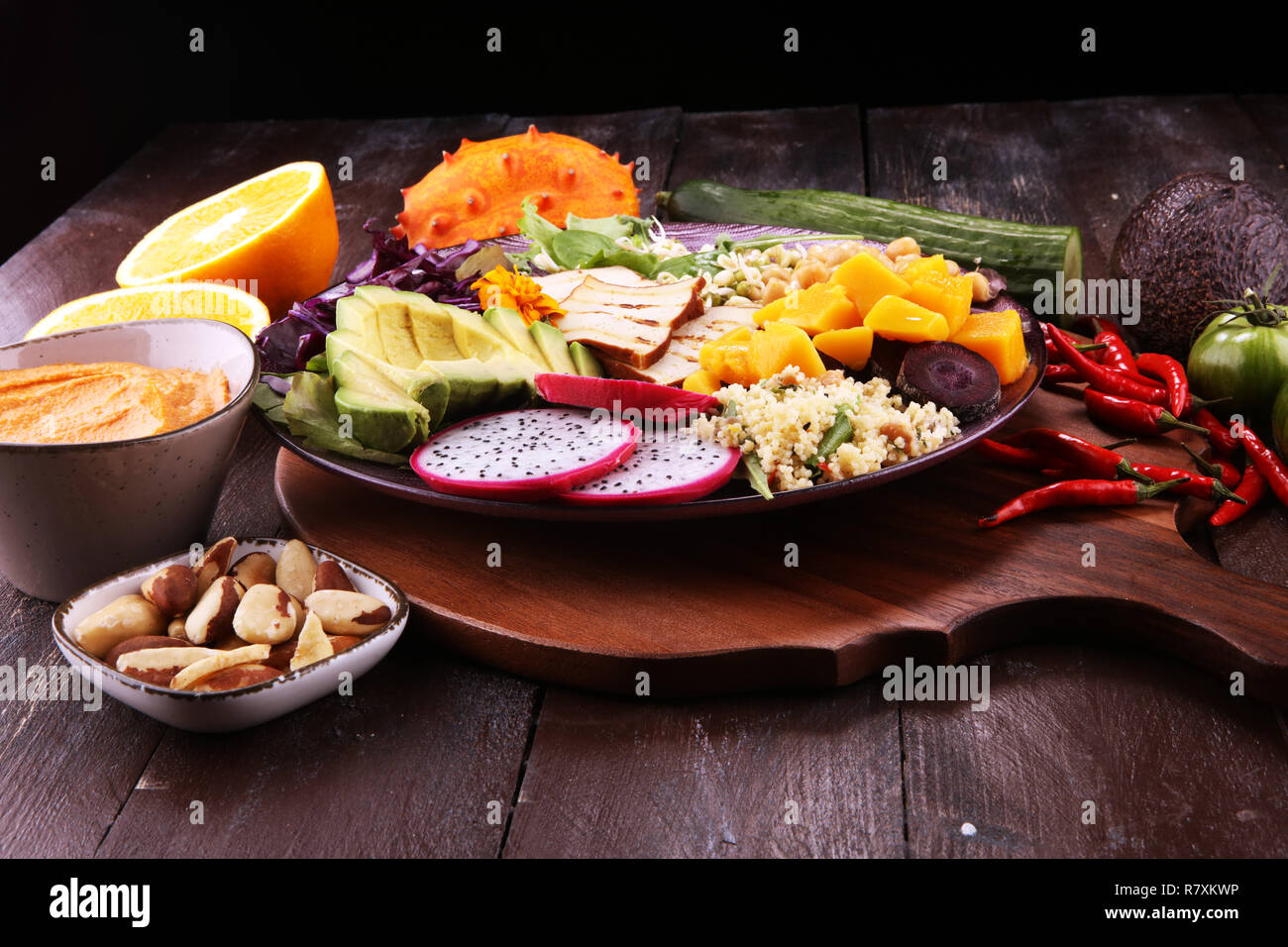 grilled tofu and dragon fruit buddha bowl with vegetable and humus ...
