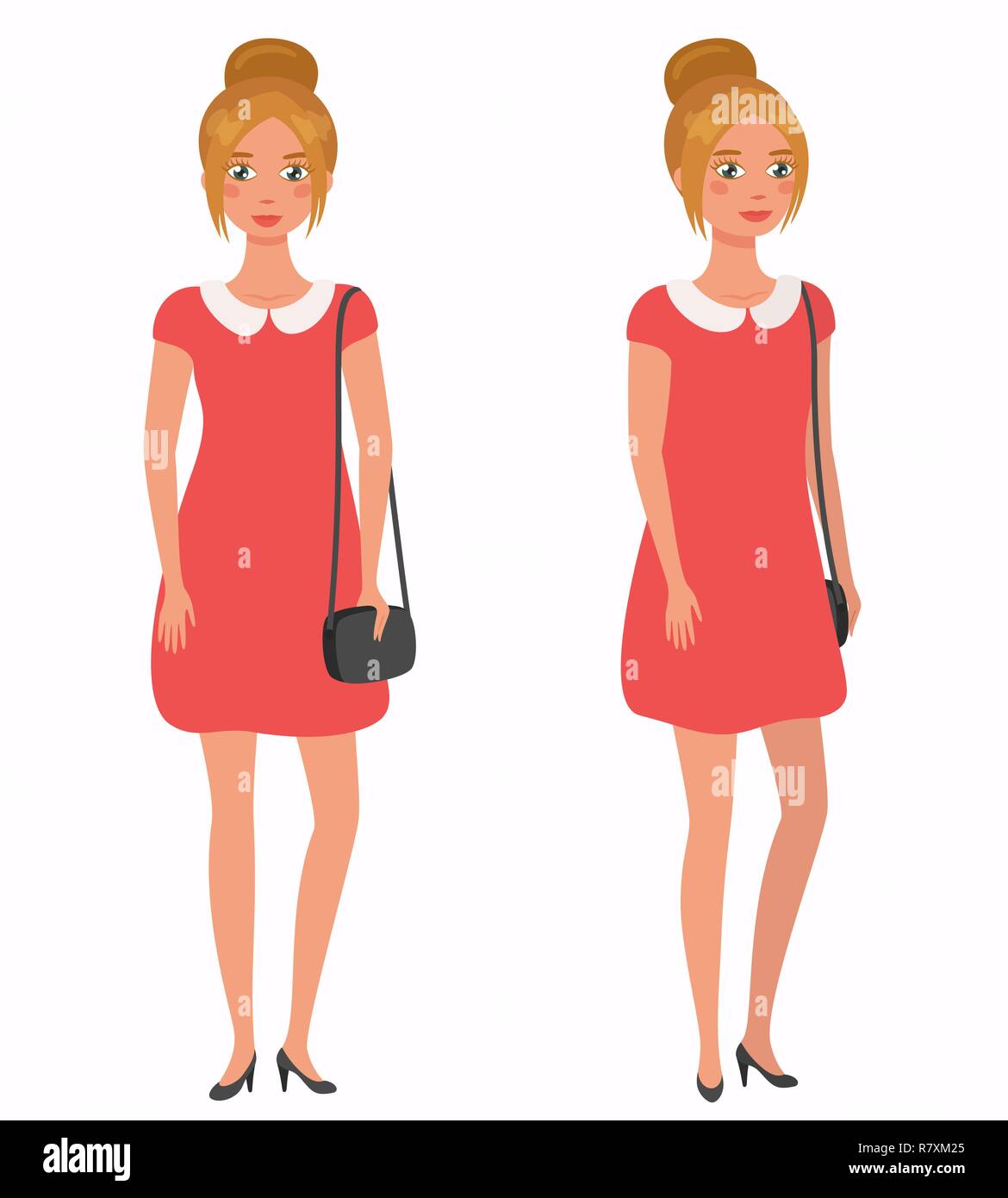 Young pretty girl. Front, 3 4 view. Cartoon style flat vector ...