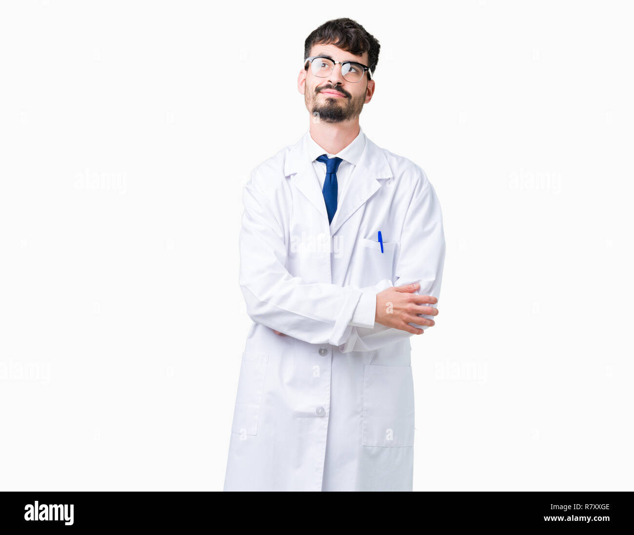 Young professional scientist man wearing white coat over isolated ...