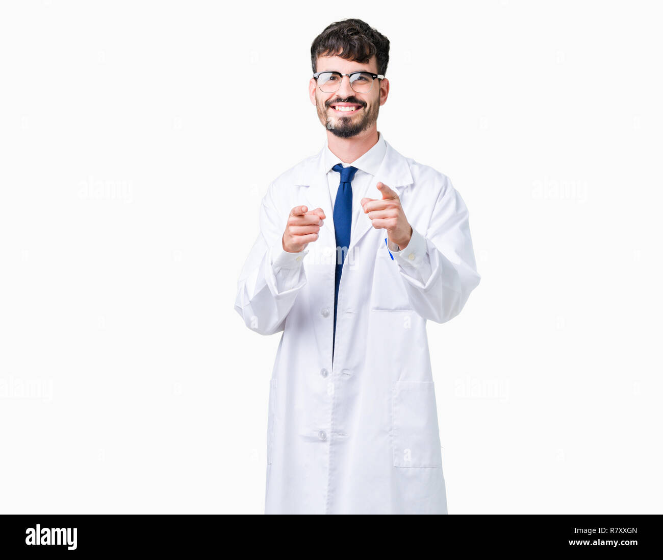 Young professional scientist man wearing white coat over isolated ...