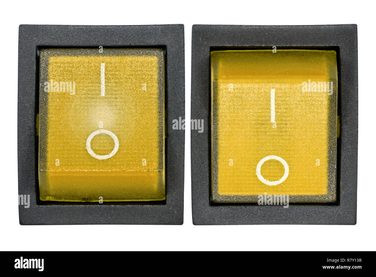 Yellow power switch, isolated on white background, with clipping path ...