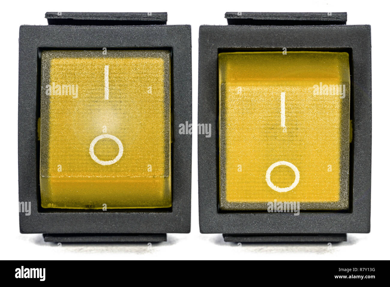 Yellow power switch, isolated on white background, with clipping path ...