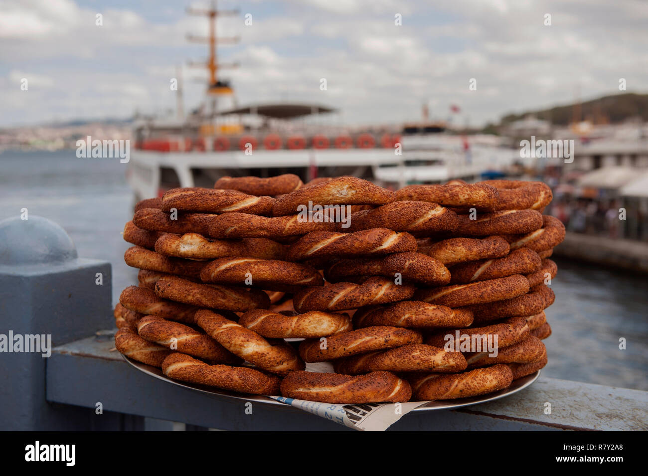 Typical Turkish Street Food; Simit for sale on the Galata Bridge in ...