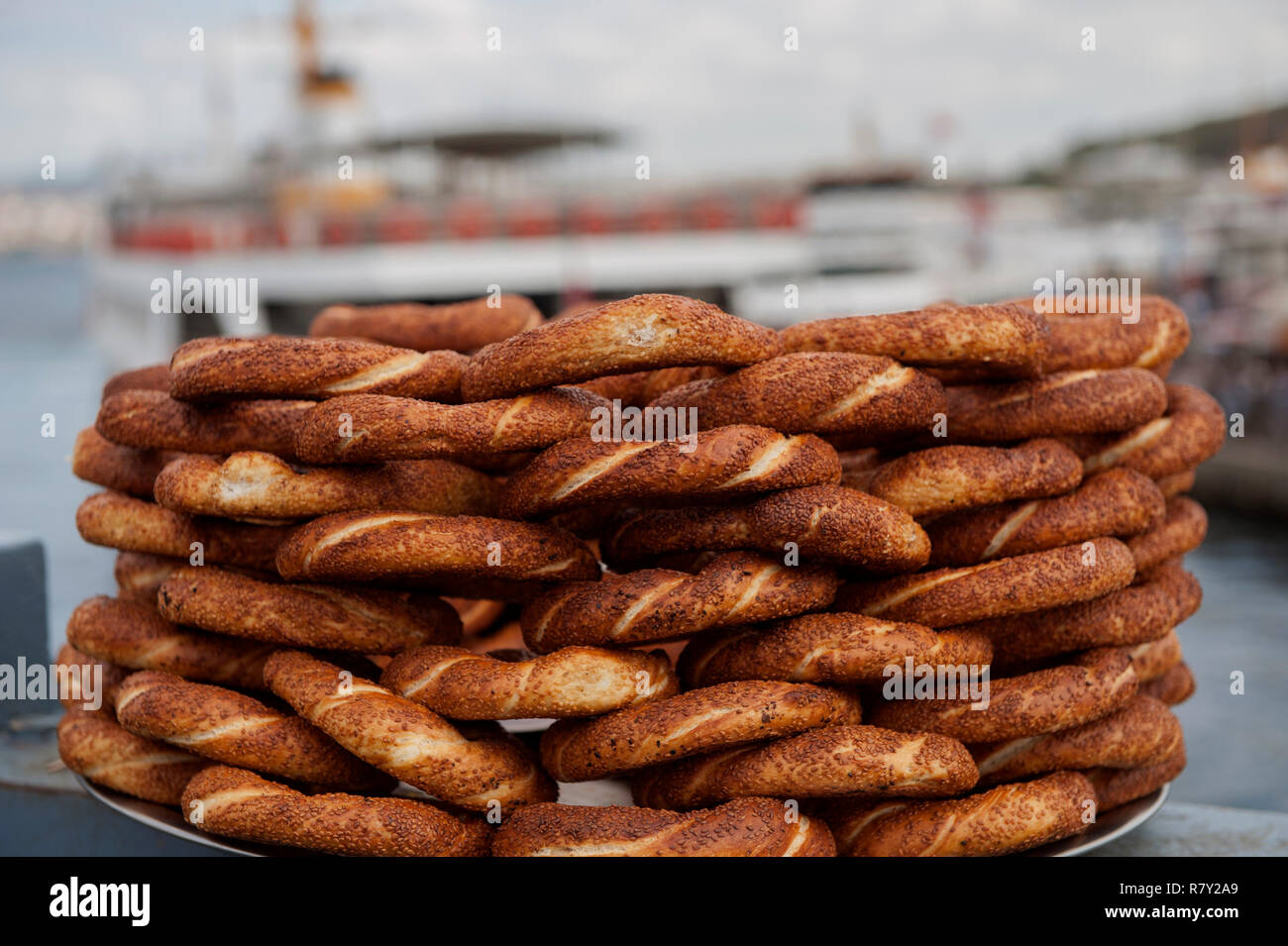 Typical Turkish Street Food; Simit for sale on the Galata Bridge in ...