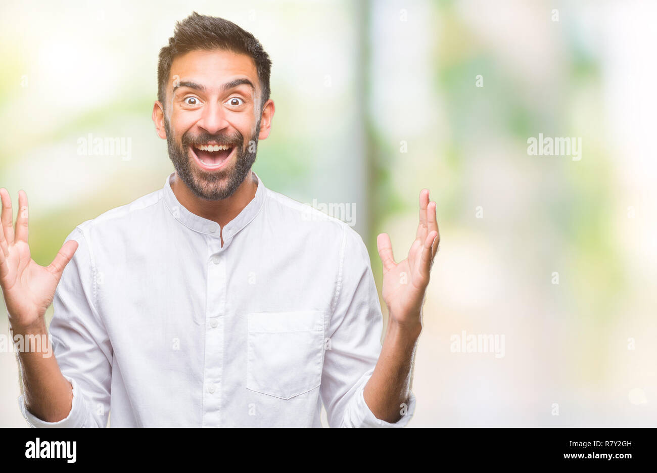 Adult hispanic man over isolated background celebrating crazy and ...