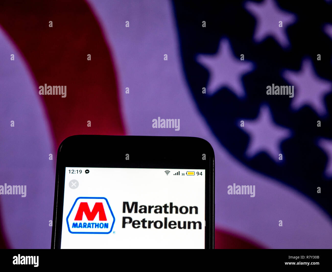 Marathon Petroleum Corporation, Petroleum refining company logo seen ...