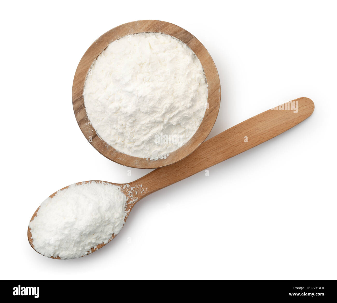 Top view of wooden spoon and bowl full of corn starch isolated on white ...