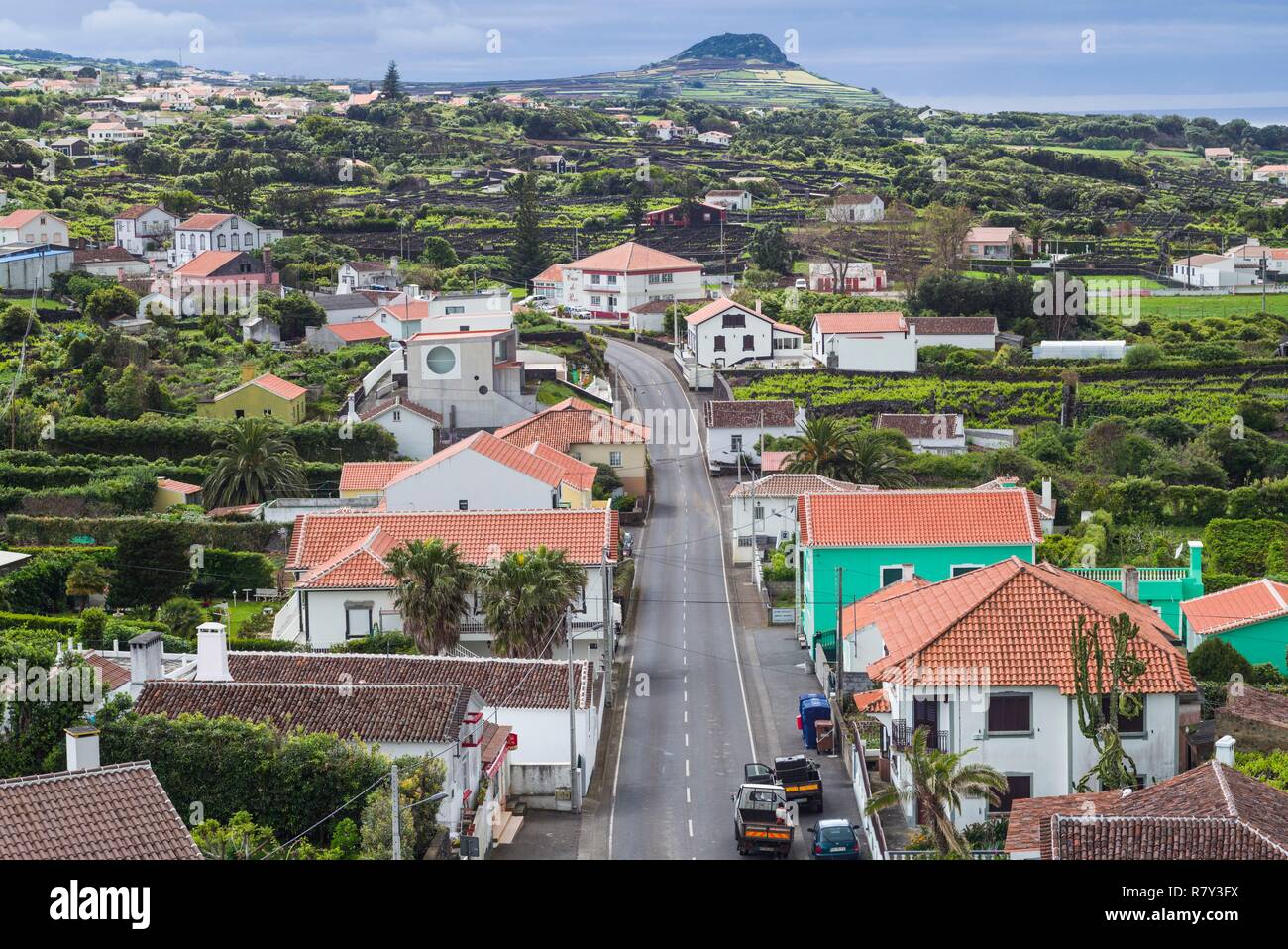 Portugal, Azores, Terceira Island, Biscoitos, elevated view of town and ...