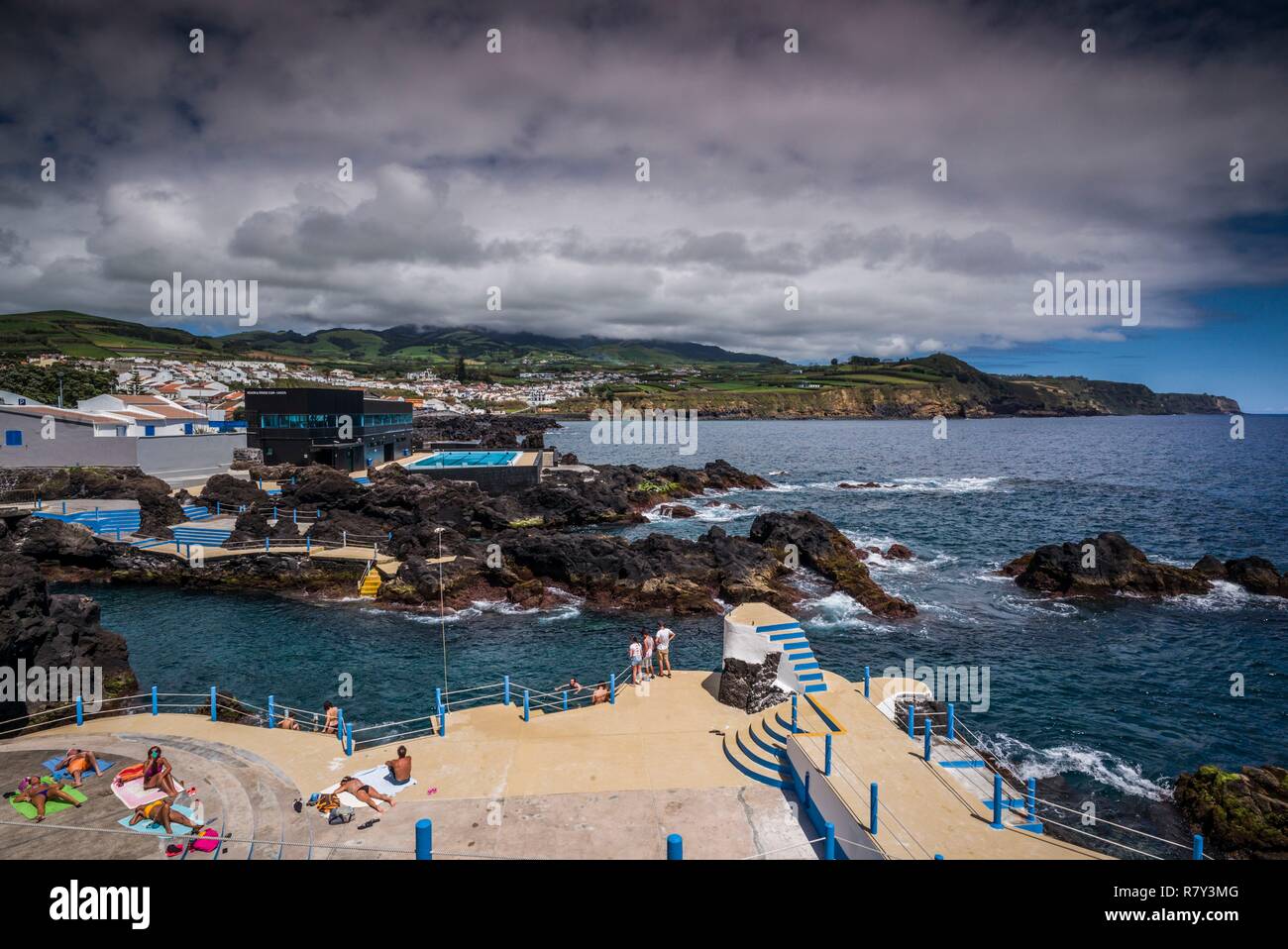 Portugal, Azores, Sao Miguel Island, Lagoa, town swimming pool area ...