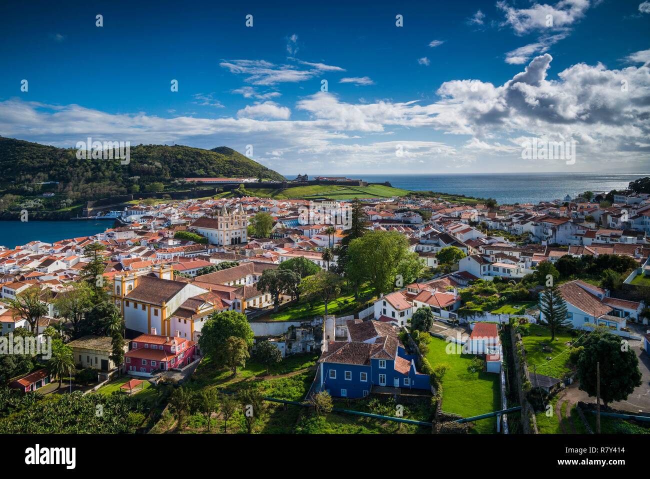 Portugal, Azores, Terceira Island, Angra do Heroismo, elevated view ...