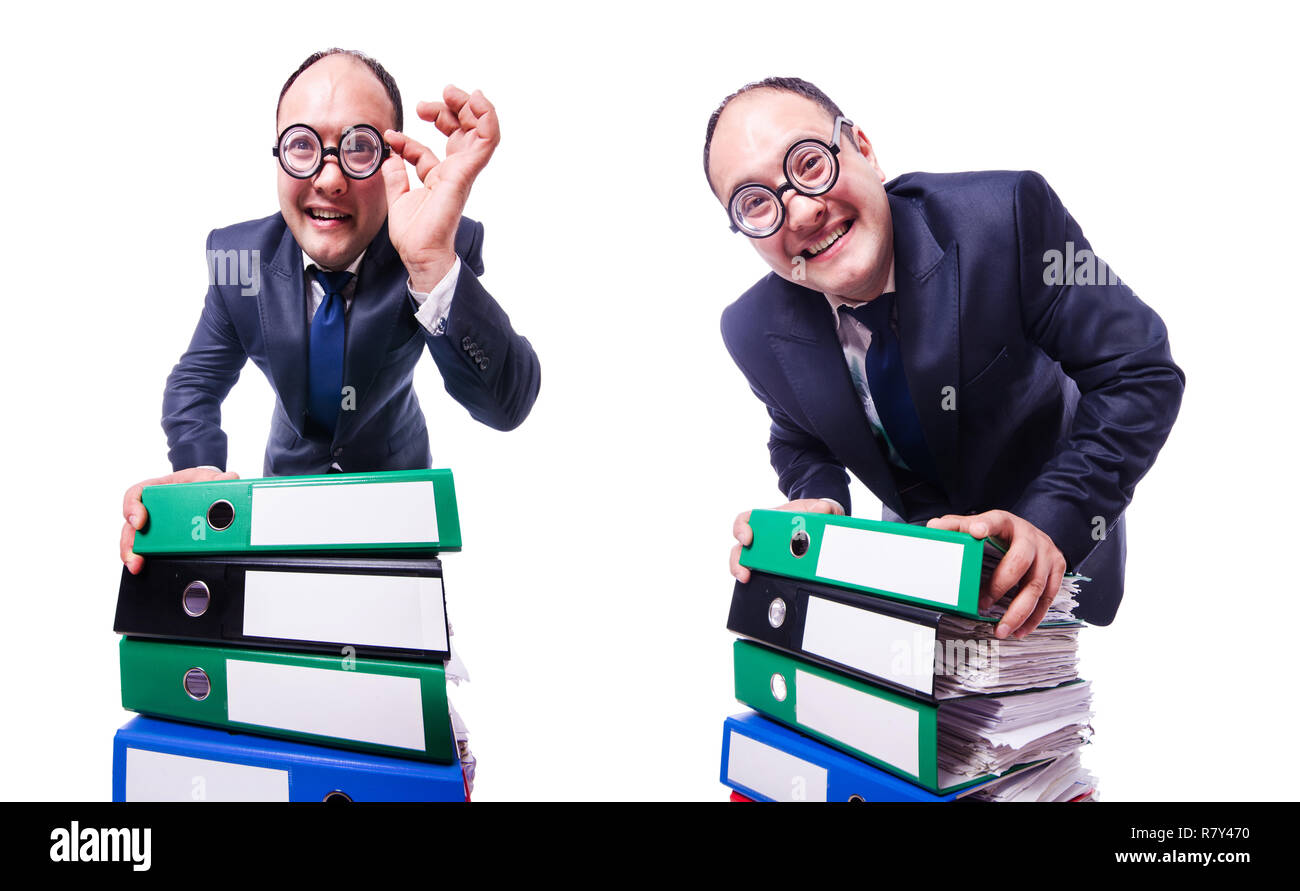 Funny man with lots of folders on white Stock Photo - Alamy