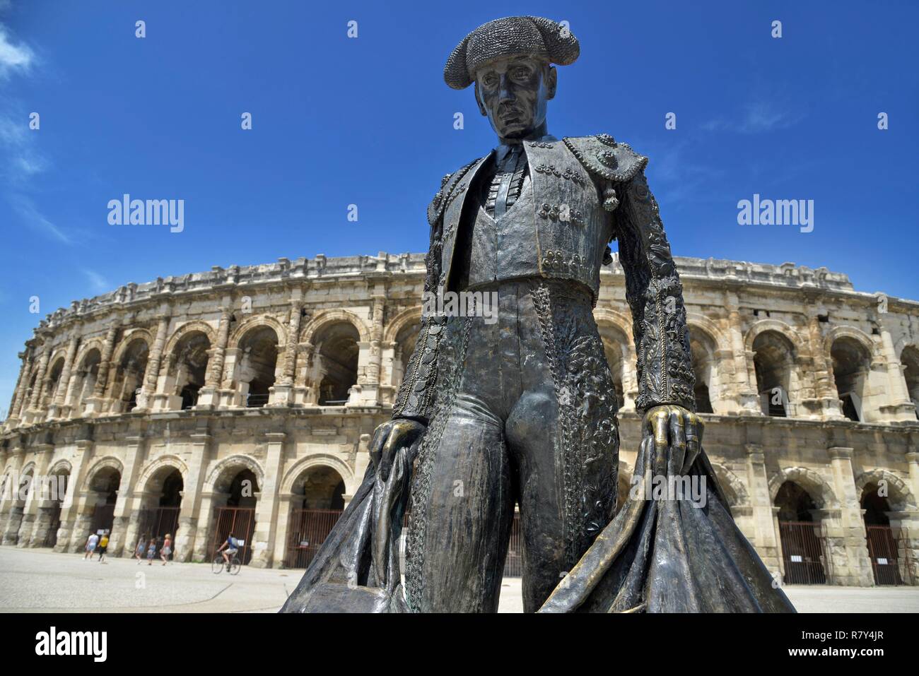 France, Gard, Nimes, Arena of Nimes, bronze statue of the matador ...