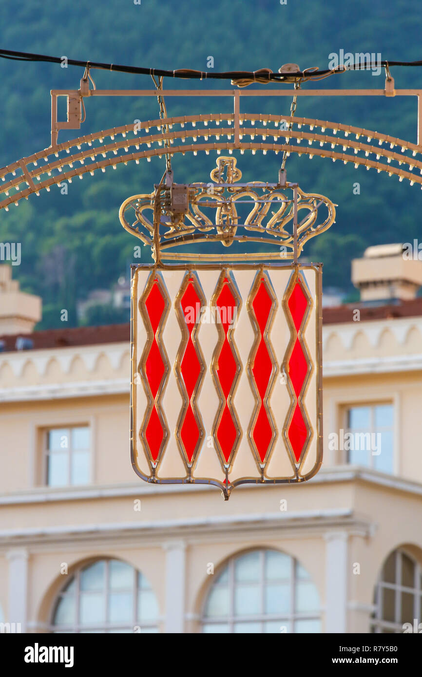 Coat of Arms of Monaco in a historic street of Monaco City, on The Rock ...