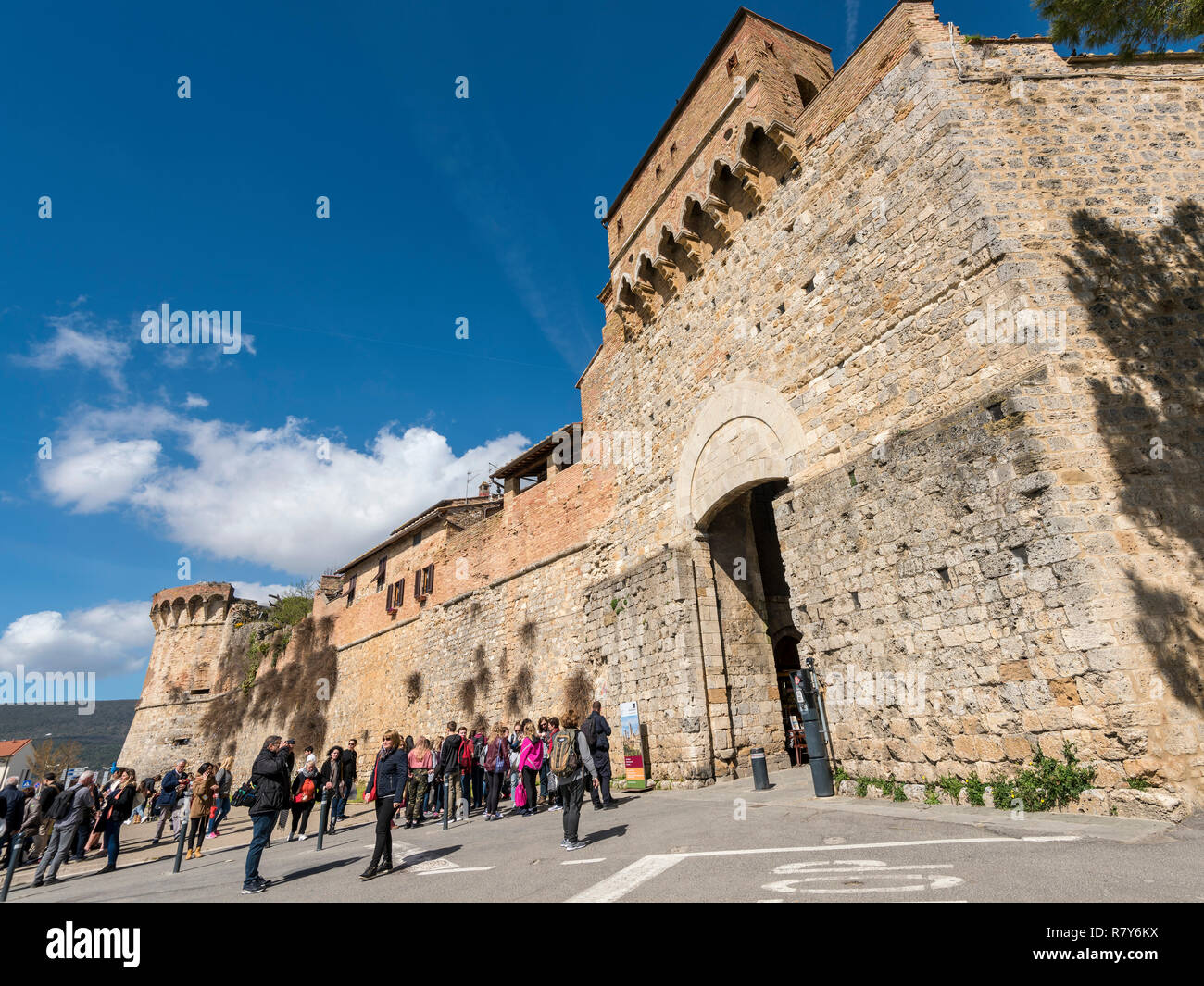 Horizontal view of the main gateway into San Gimignano, Italy Stock ...