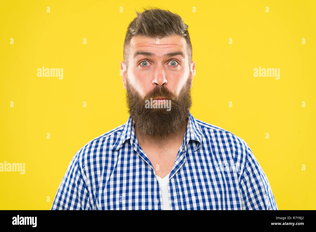 Burst of laughter. Hipster with beard and mustache emotional surprised ...