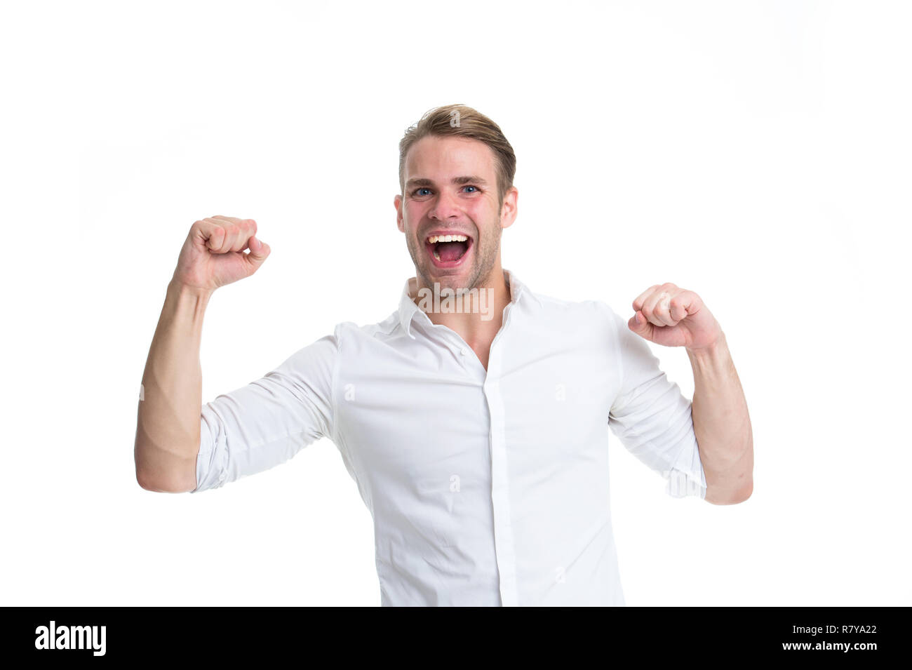 Toward success. Strong and full of energy. Man strong handsome unshaven ...