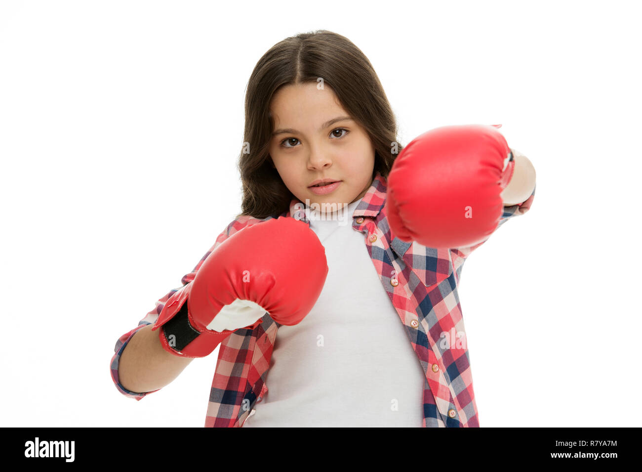 Girl boxing gloves ready to fight. Kid strong and independent girl ...