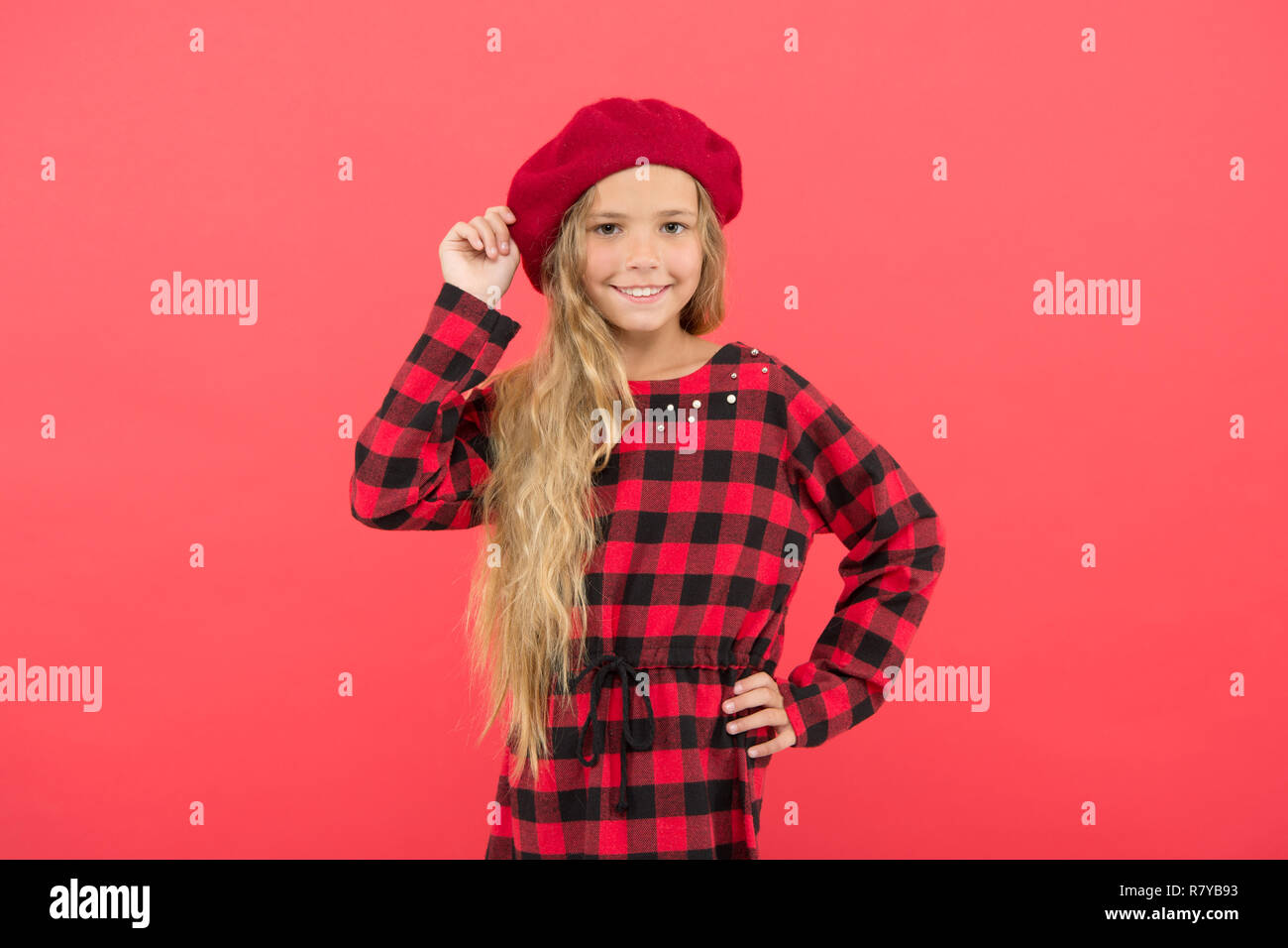 Kid little cute girl with long blonde hair posing in beret hat and ...