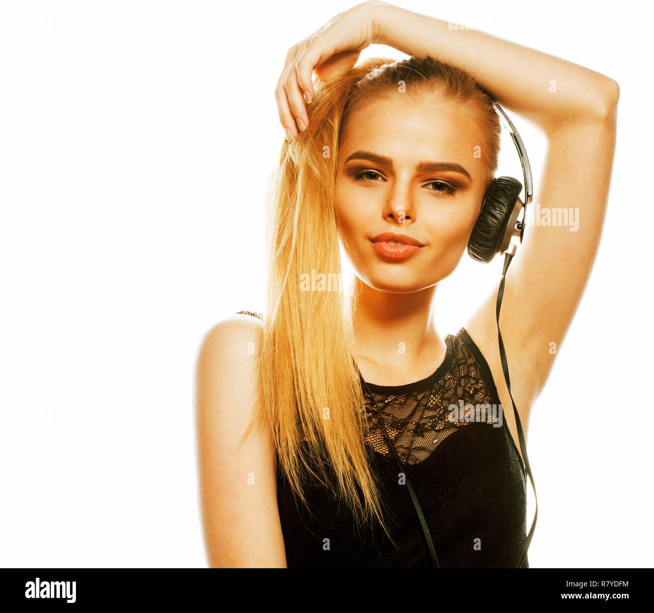 young sweet talented teenage girl in headphones singing isolated Stock ...