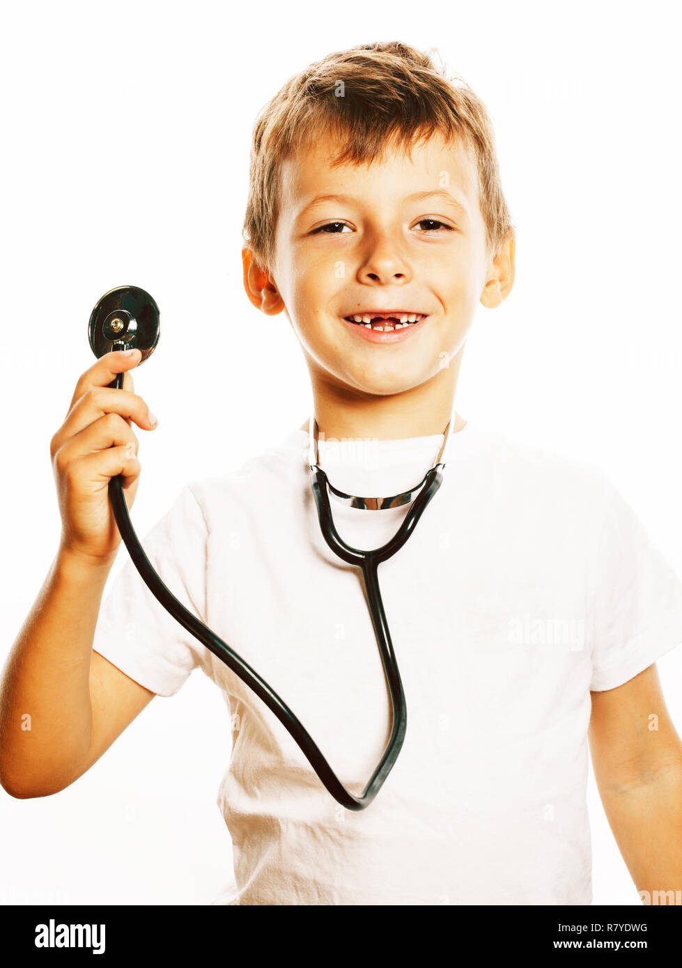 little cute boy with stethoscope playing like adult profession d Stock ...