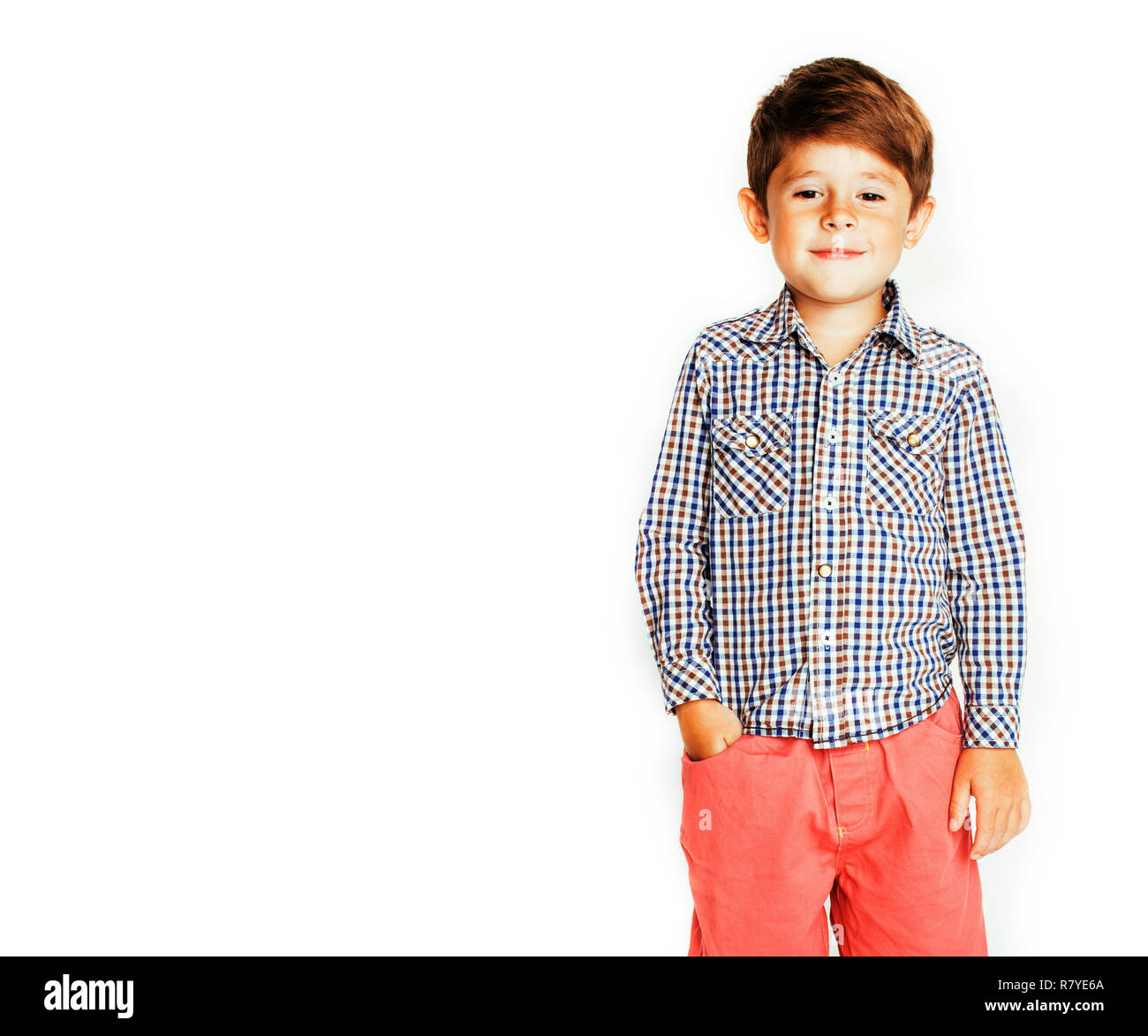 little cute real boy on white background gesture smiling close u Stock ...