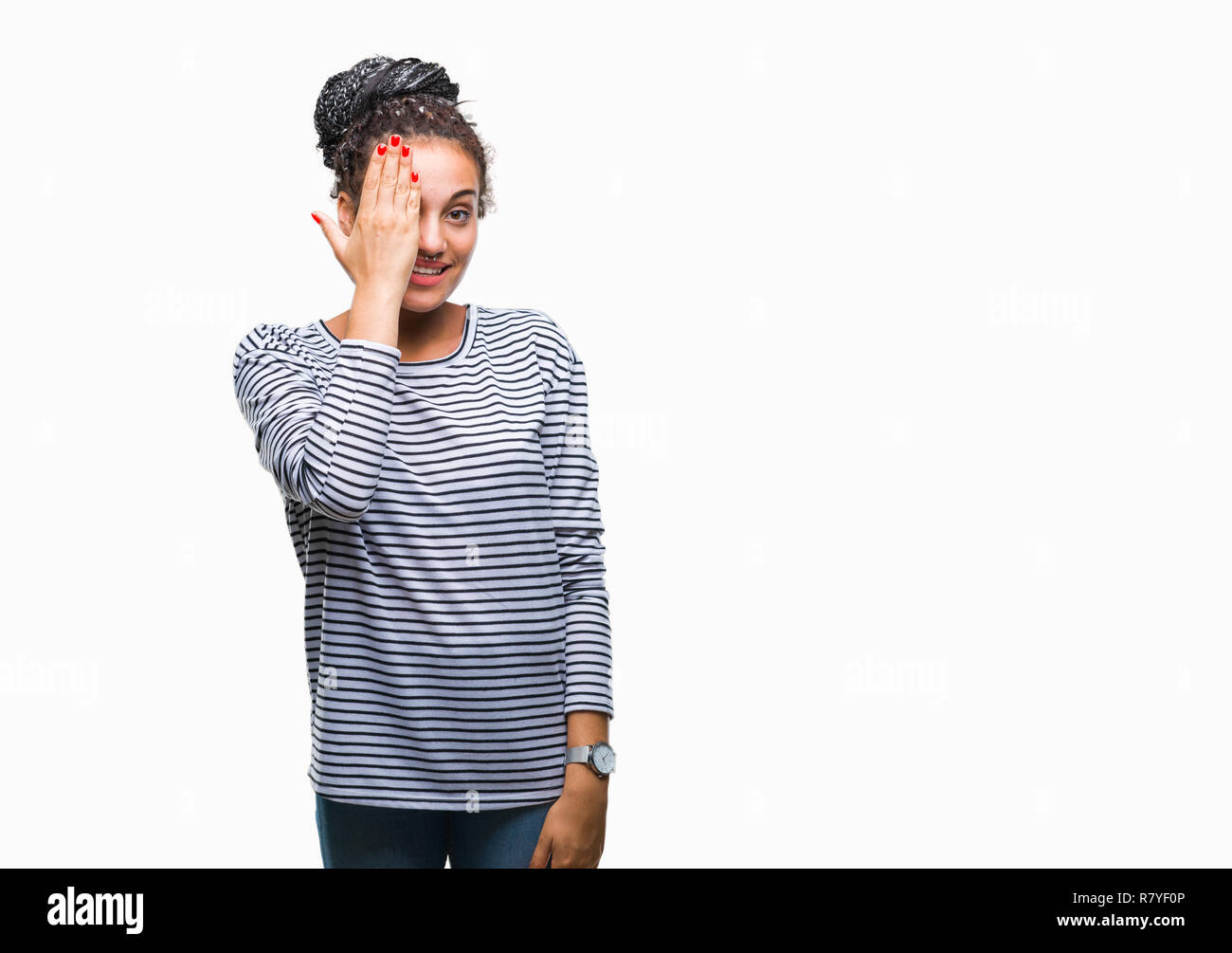 Young braided hair african american girl wearing sweater over isolated ...