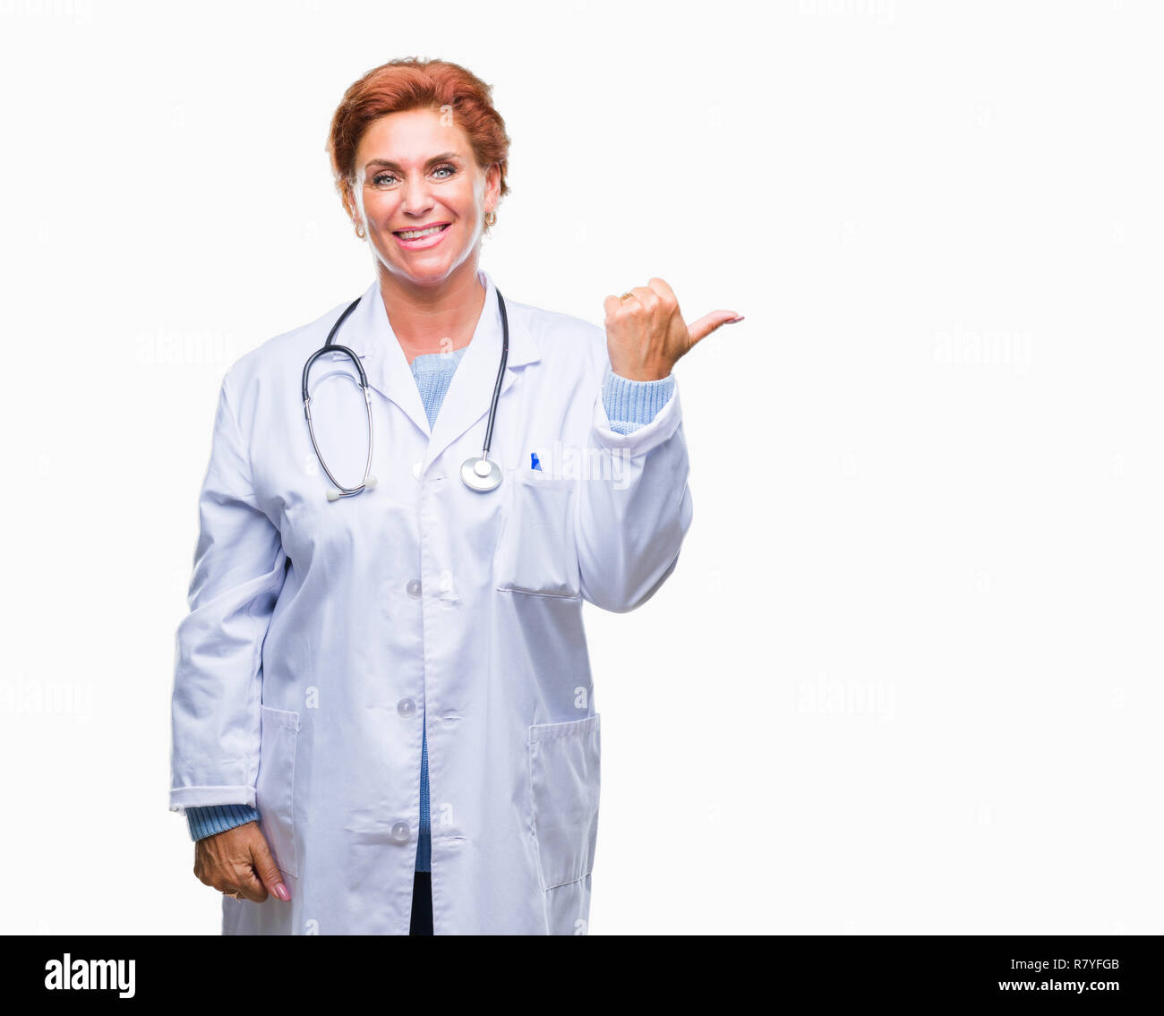 Senior caucasian doctor woman wearing medical uniform over isolated ...