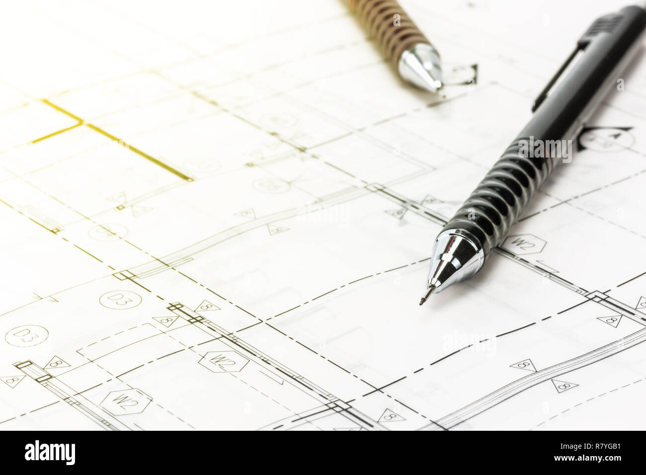 A photo of pencil on blueprint Stock Photo - Alamy