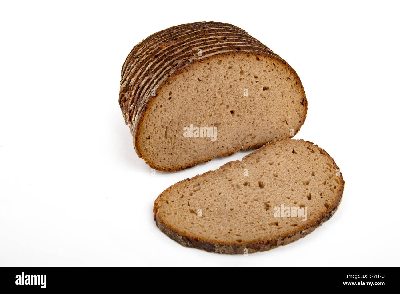 Slices of a rye Bread Loaf isolated on white background Stock Photo - Alamy