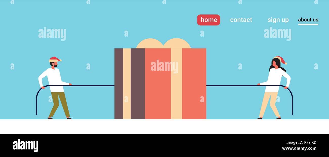 man woman pulling opposite ends rope gift box present merry christmas ...