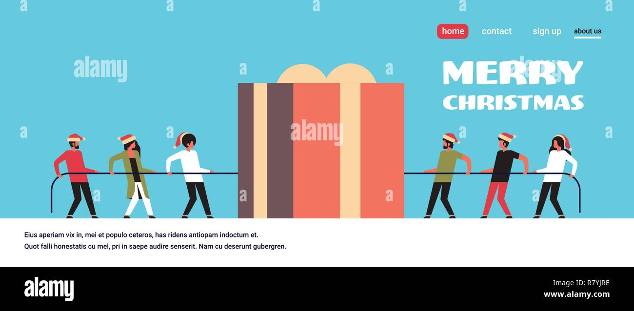 people pulling opposite ends rope gift box present merry christmas ...