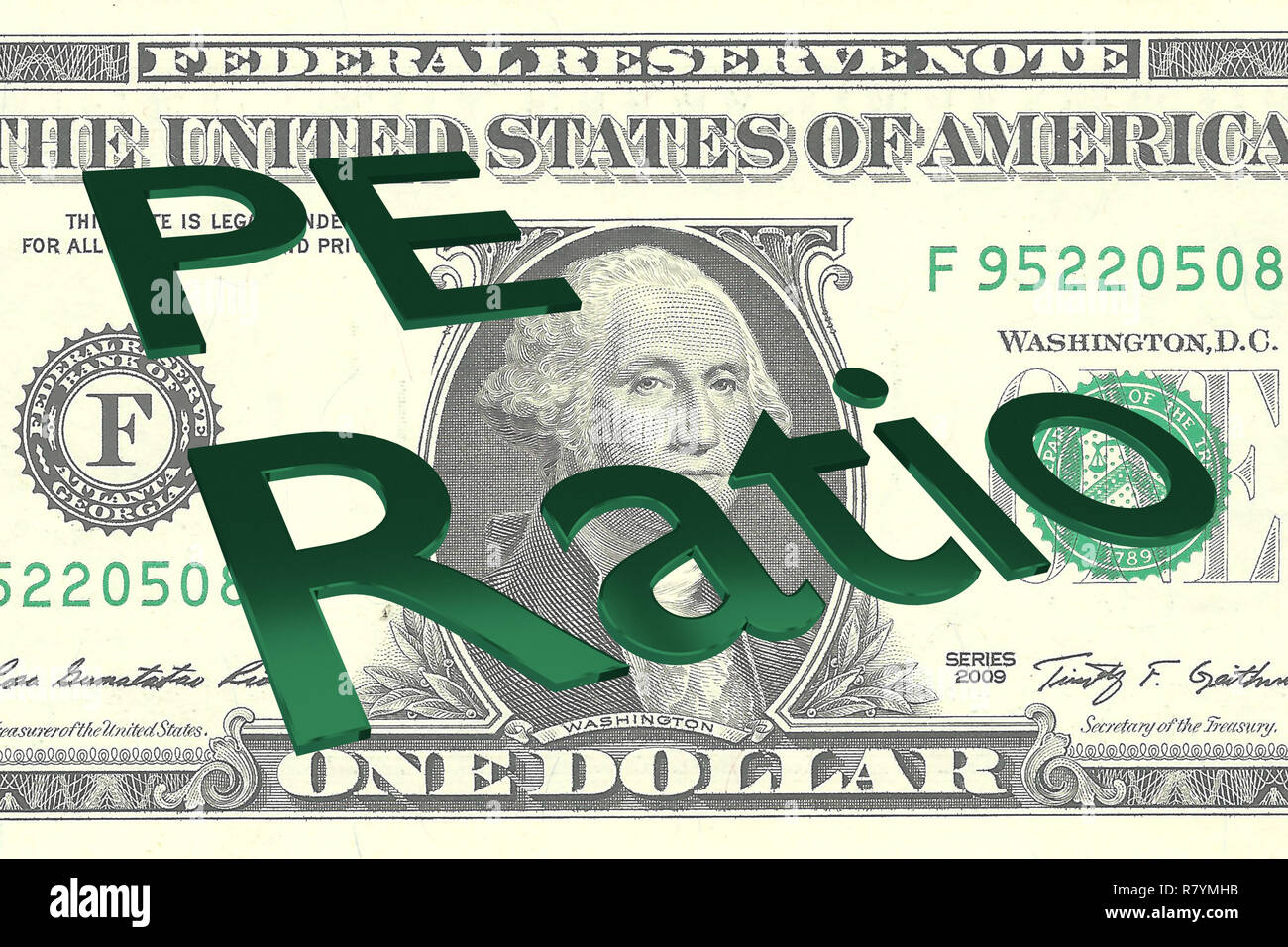 3D illustration of PE Ratio title on One Dollar bill as a background ...