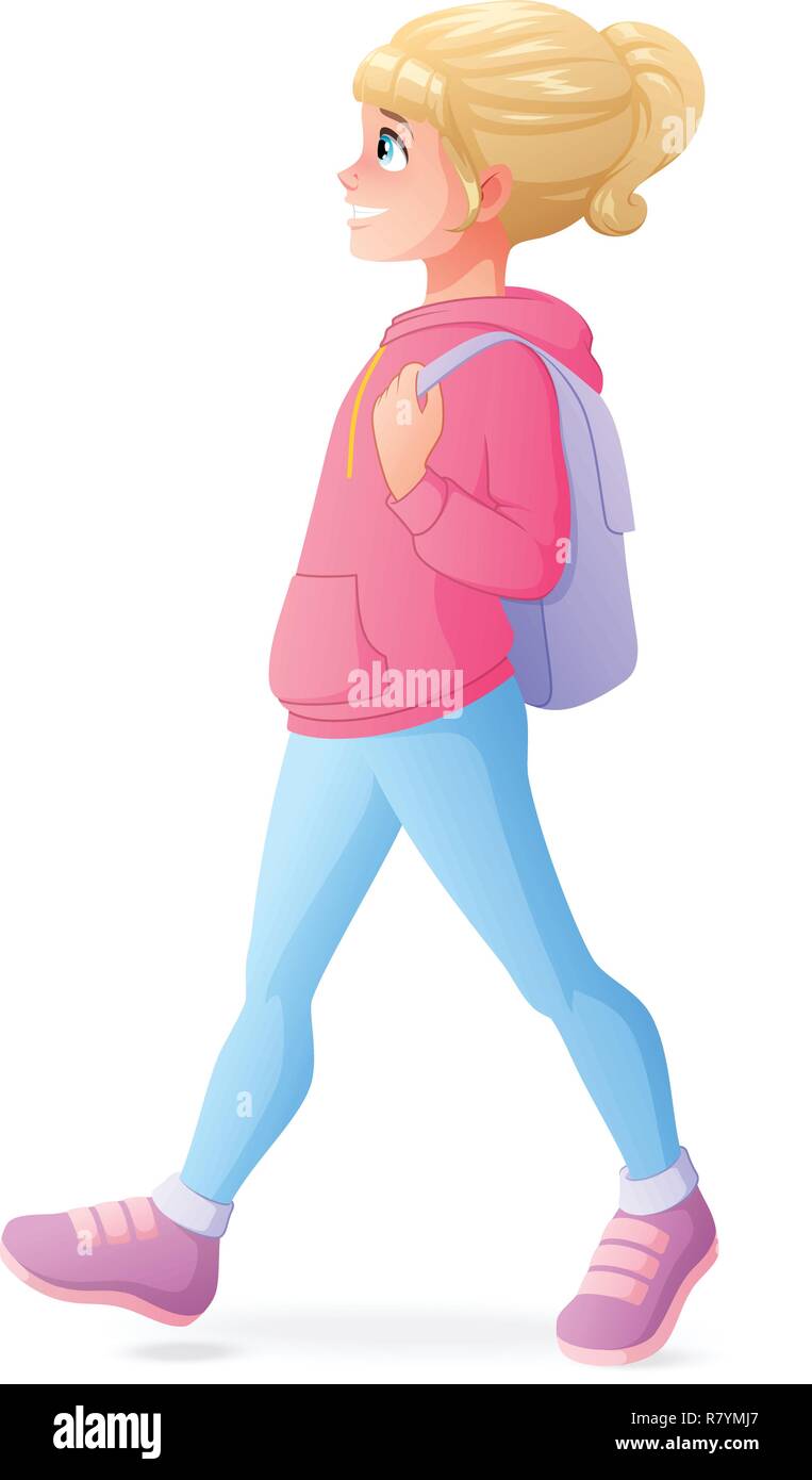 Young girl walking with backpack. Isolated vector illustration Stock ... Young girl walking with backpack. Isolated vector illustration Stock ...