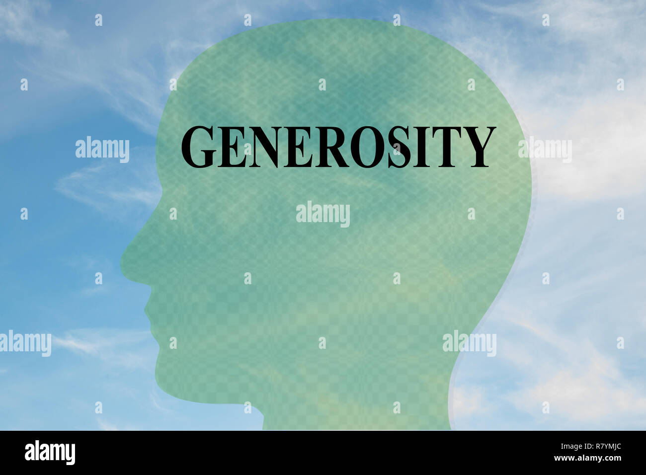Render illustration of GENEROSITY title on head silhouette, with cloudy ...