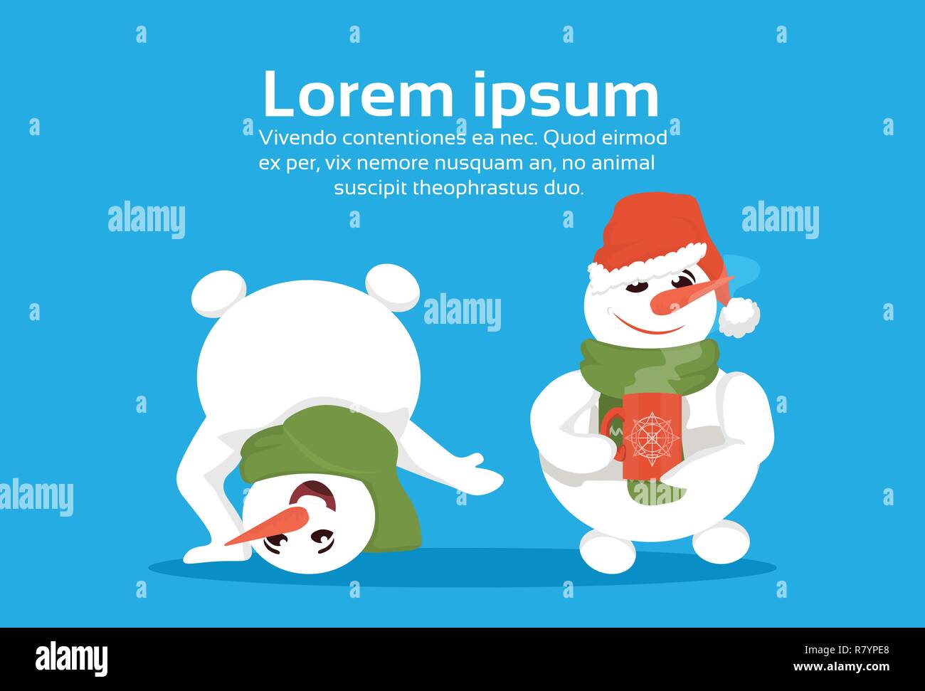 happy snowmen wear red hat hold lights wrapped gift box present merry ...