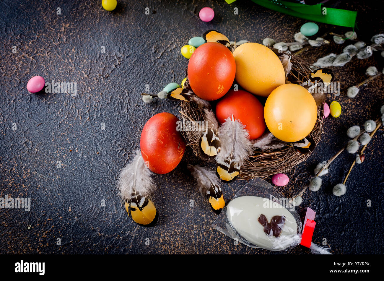 Spring Easter cake with white icing and colorful topping sugar decor ...