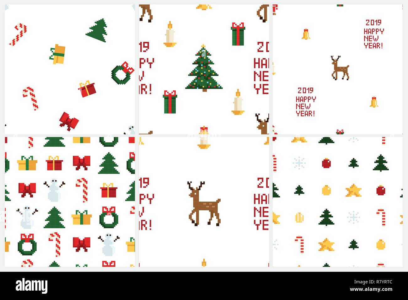 Colorful Pixel Pattern set with Christmas Elements. Atcade games style ...