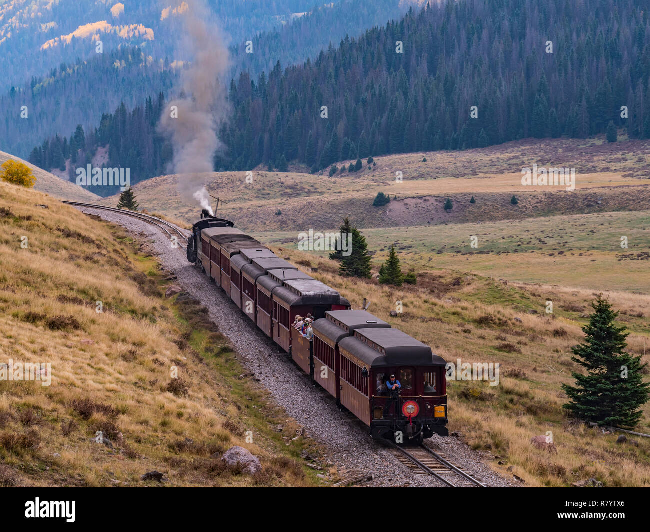 Cumbres & Toltec Scenic Railroad train on the east side of Cumbres Pass ...