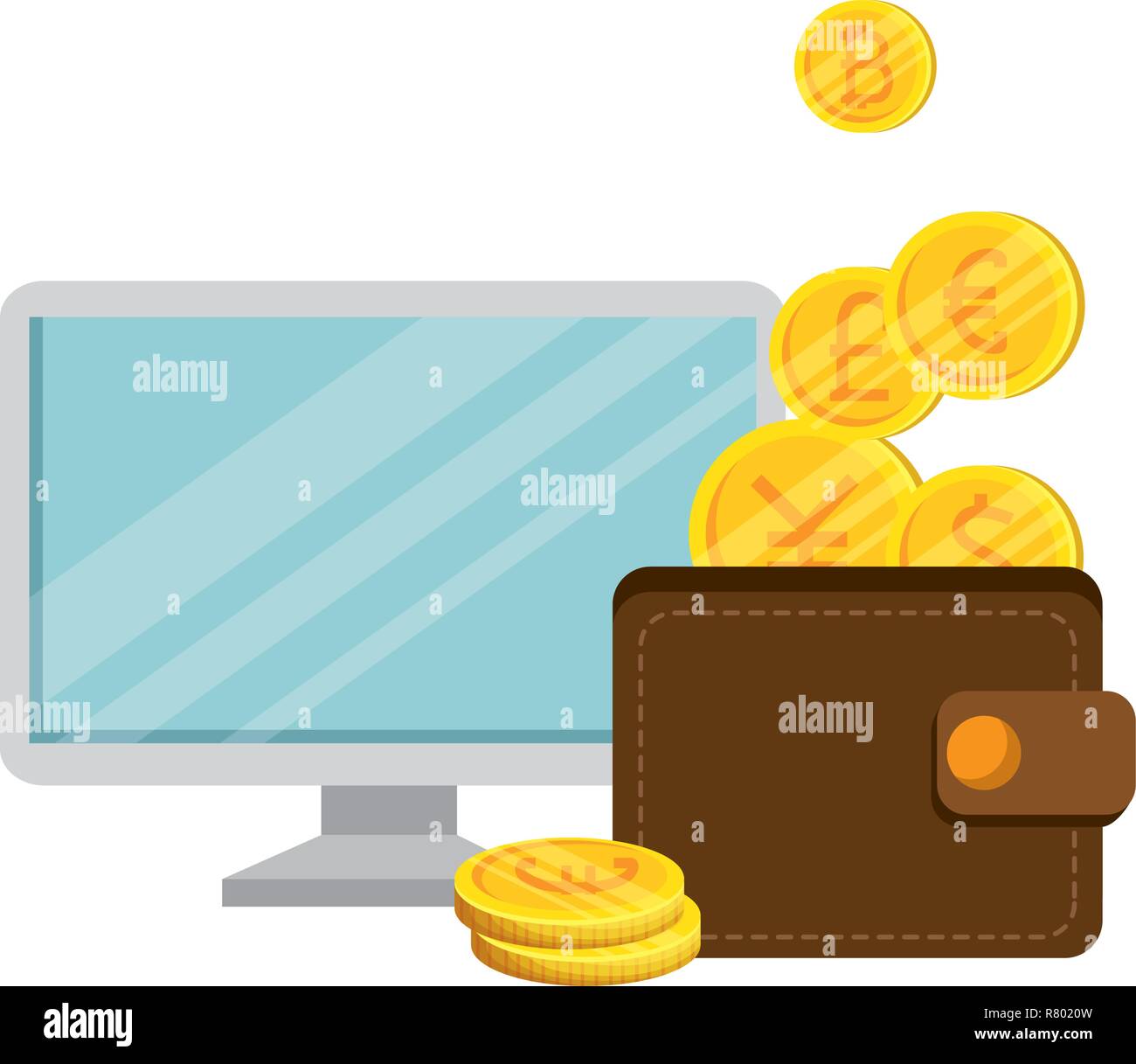 desktop and wallet with set of commercial coins vector illustration ...
