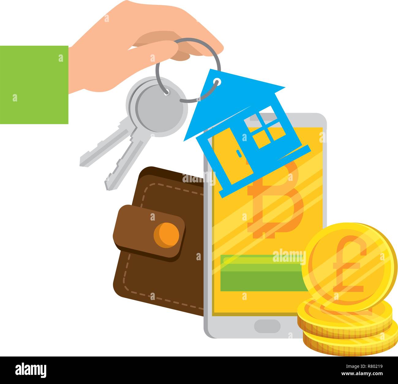 keys of house property with wallet and bitcoins vector illustration ...