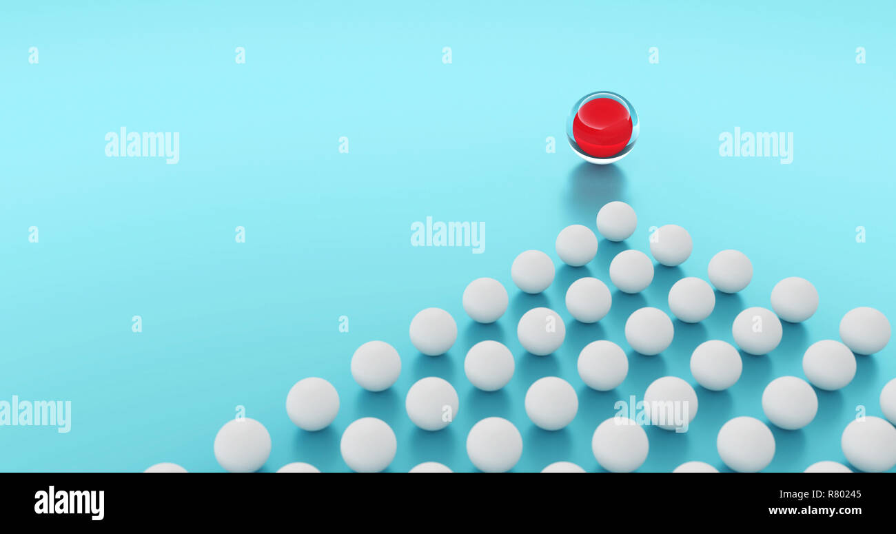 Concept for employee leadership. Group of white balls follow red ball ...