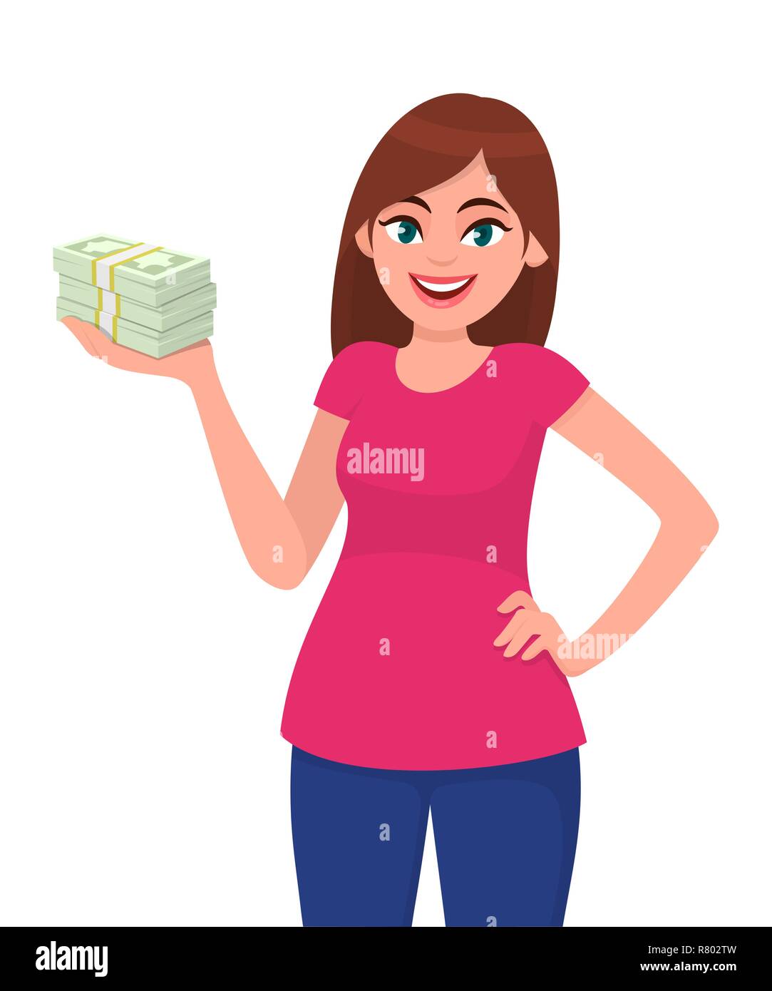 Successful happy young business woman holding cash / money / currency ...
