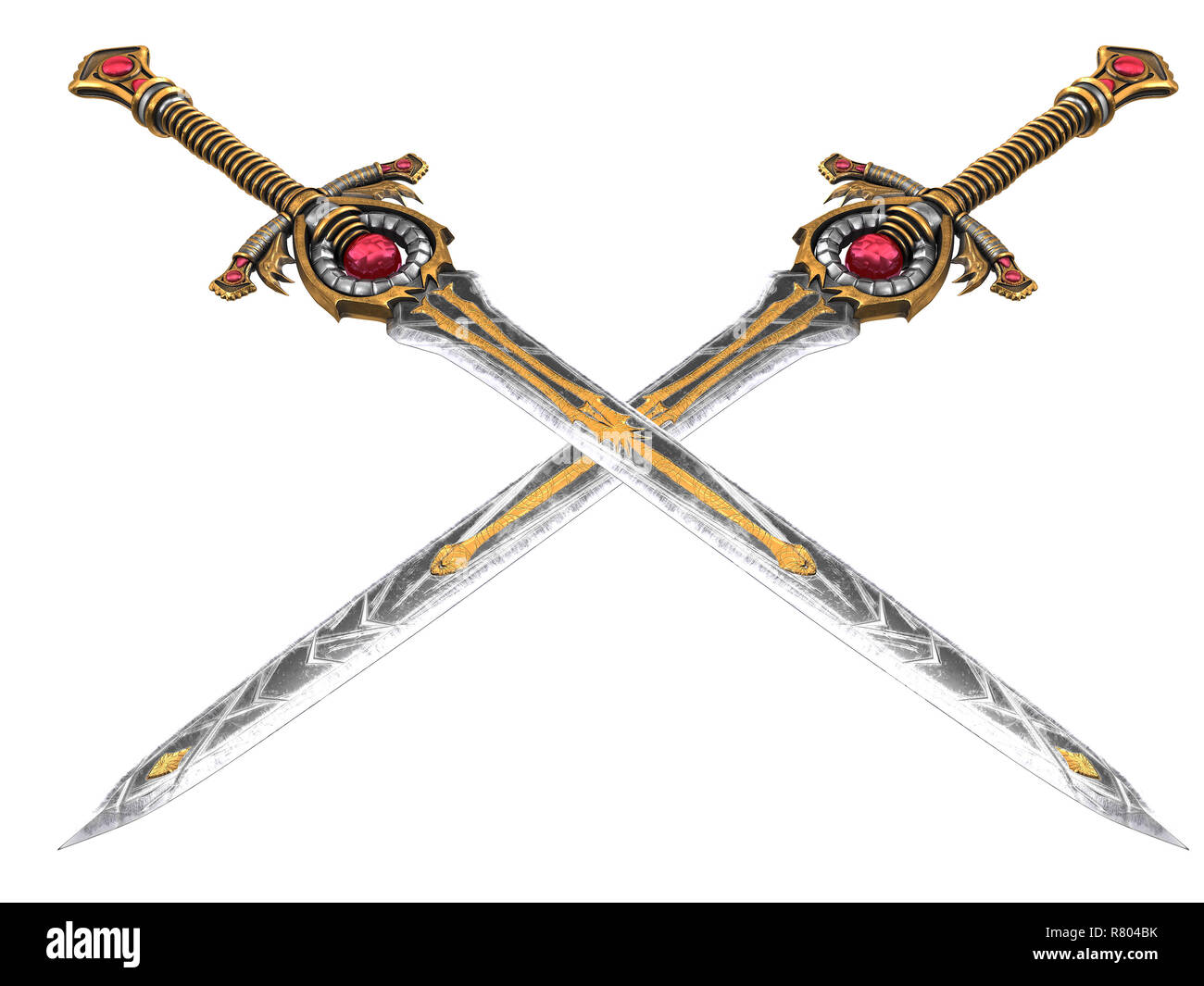 Long fantasy sword with red stone on an isolated background. 3d ...