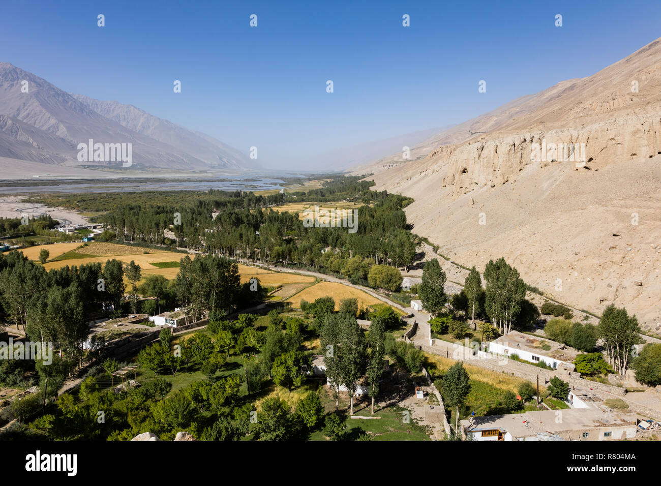 Fertile Wakhan Valley near Vrang in Tajikistan. The mountains in the ...